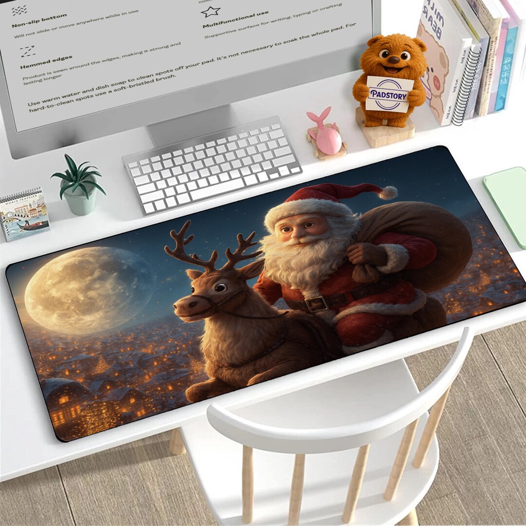 Santa and Reindeer Desk Mat | Christmas Night Moon Office Mousepad - Etsy