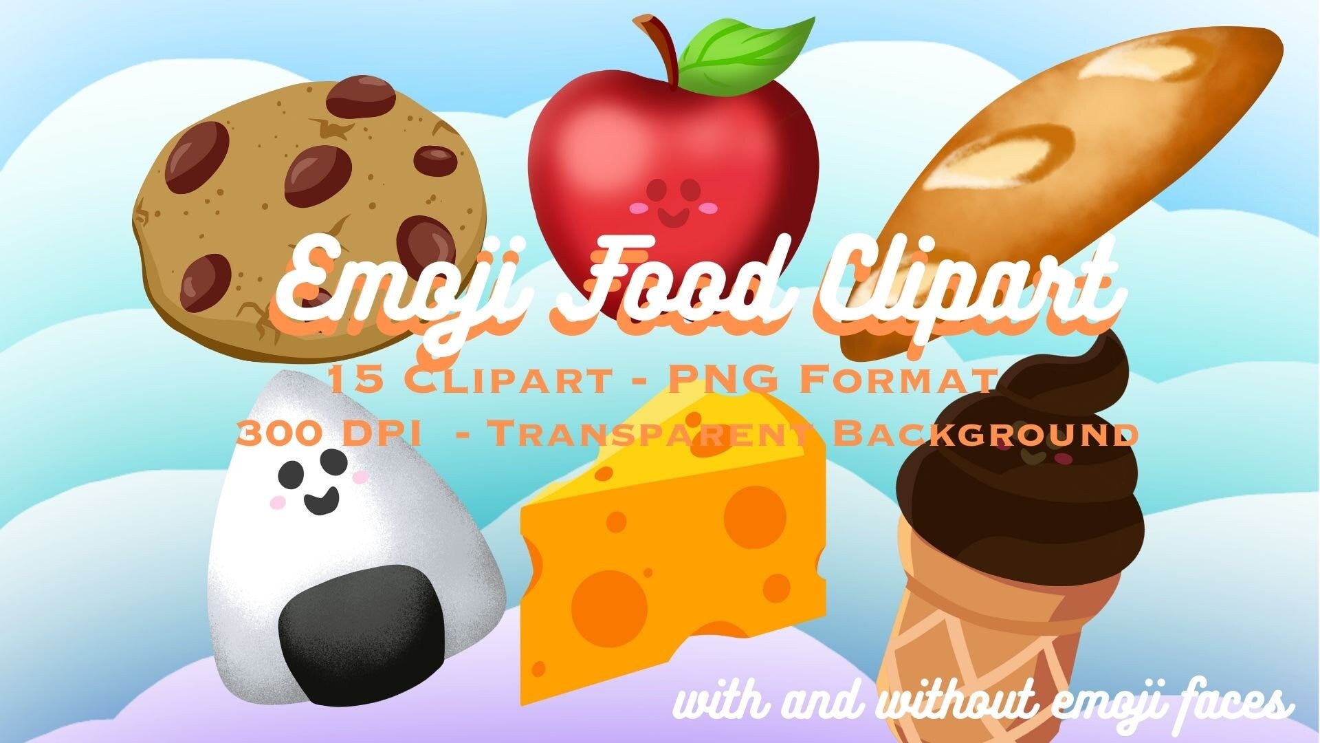 Emoji Food Clipart PNG 15 Foods, 4 Different Face Expressions, Cute ...