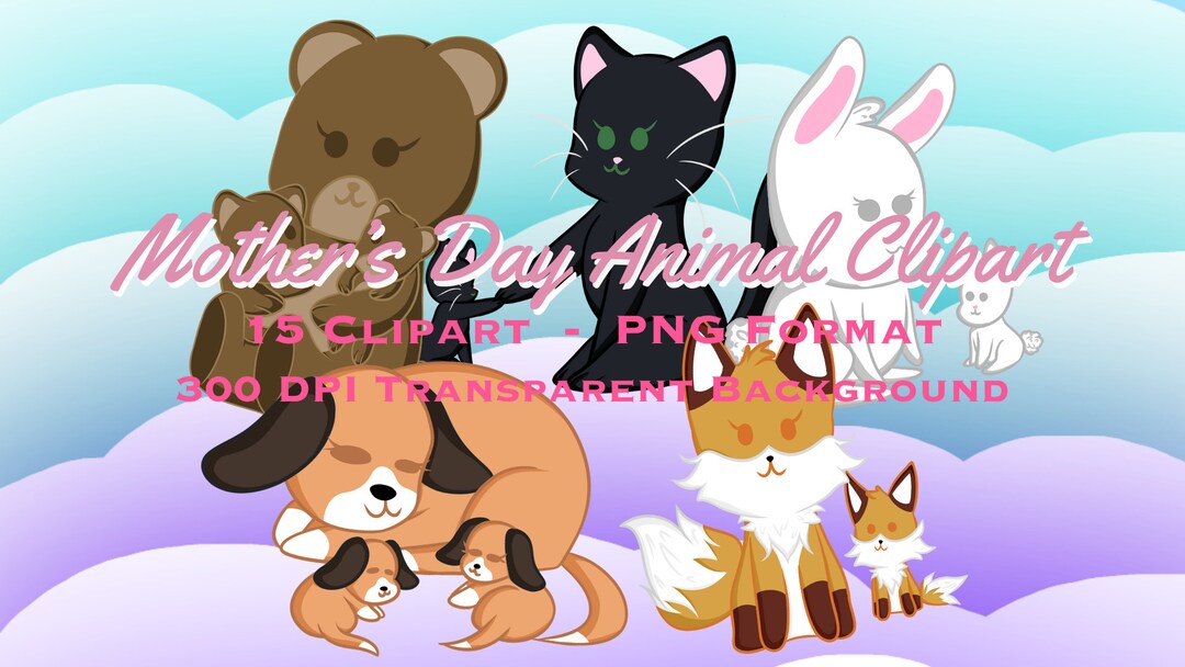 Mother's Day Animals Clipart PNG 15 Designs, With and Without Hearts ...