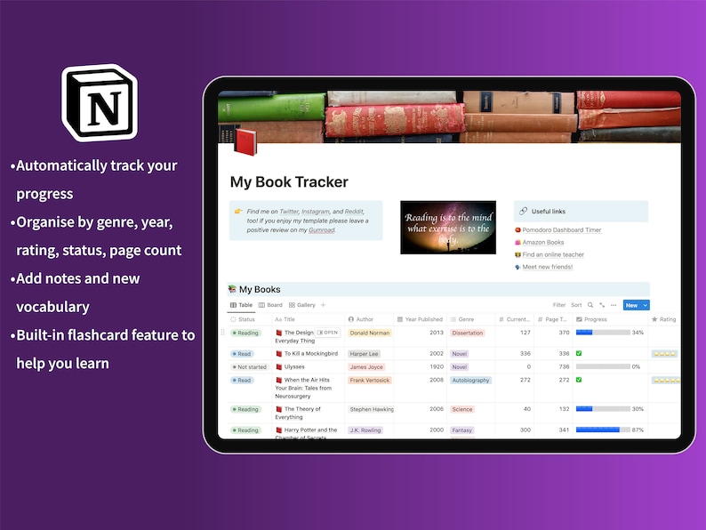Notion Book Tracker & Vocabulary Builder | Books | Notion Template ...