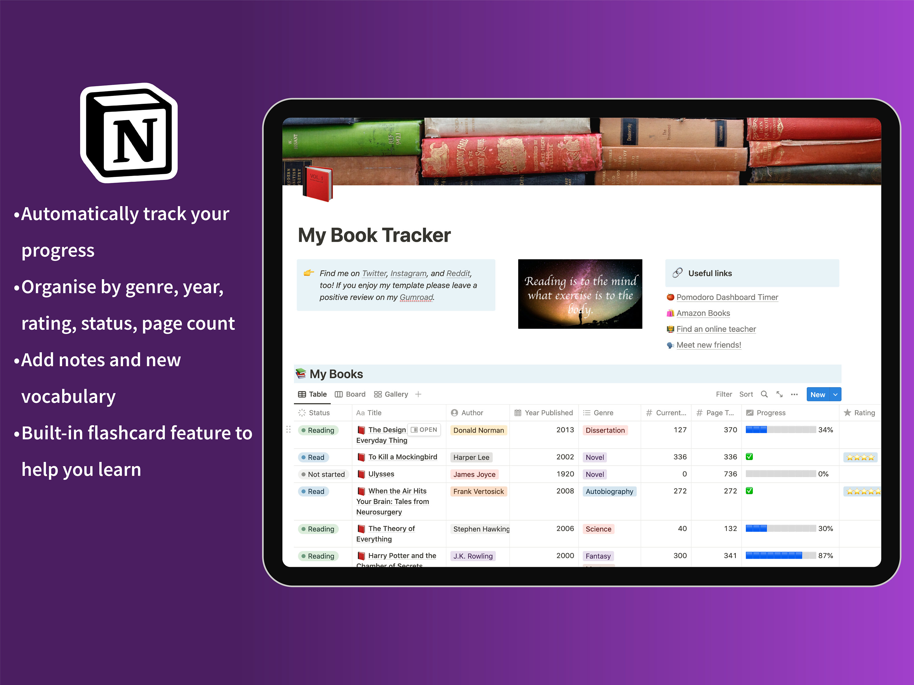 Notion Book Tracker & Vocabulary Builder | Books | Notion Template ...