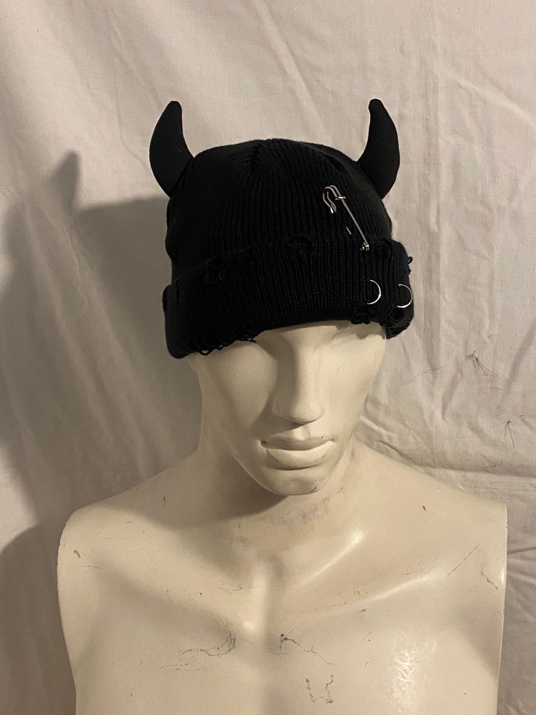 Horny Devil Bad Goth Punk Skater Pierced Safety Pin Devil Horns Beanie ...