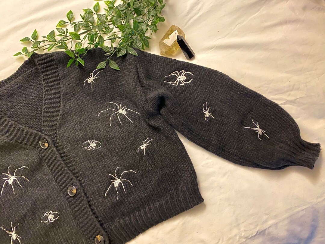 Spiders Embroidered Cottage Core Pixie Goth Vegan Knit Black Button up ...