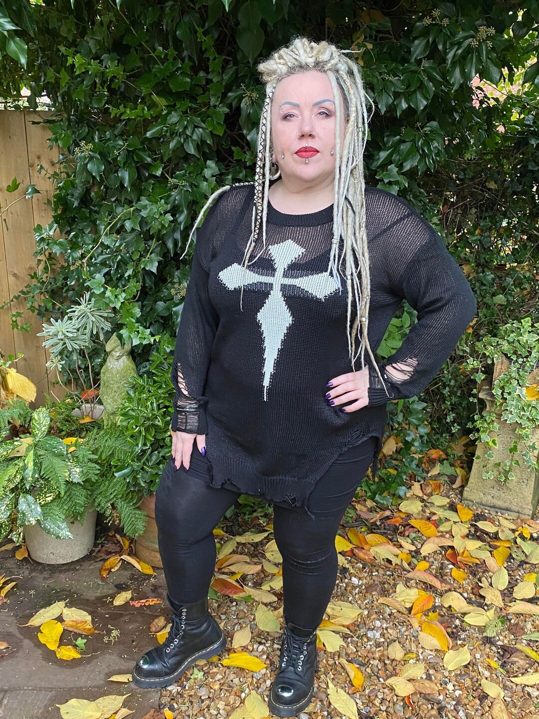 Ragged Dagger Gothic Cross Distressed Goth Black Vegan Knit Long Line ...