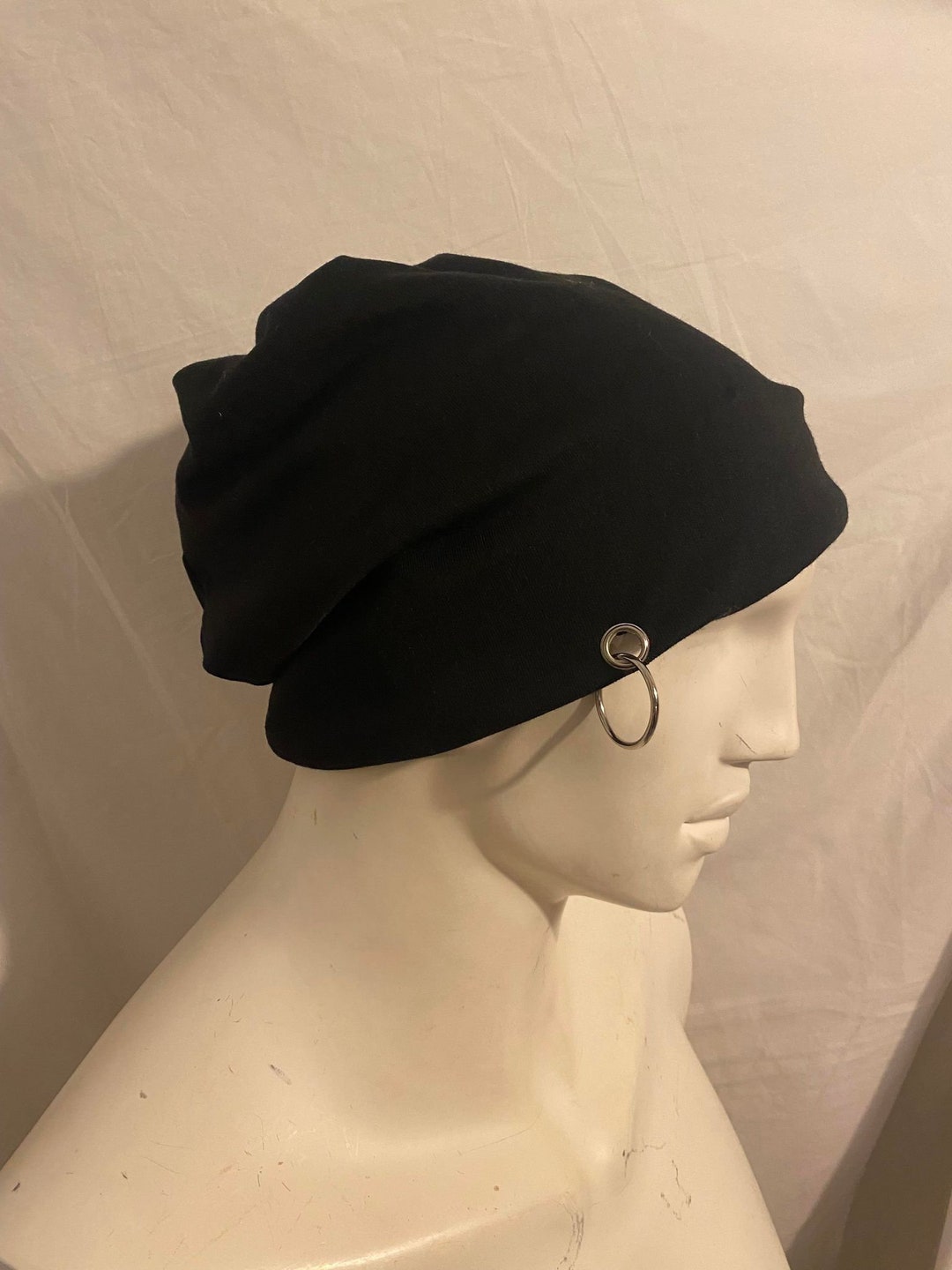 Cyberpunk Emo Pierced Ring Eyelet Big Black Baggy Beanie Pull on Hat ...