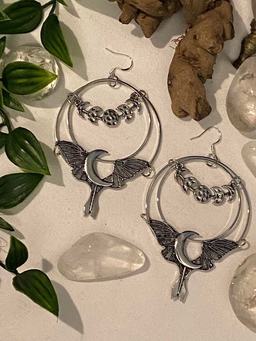 Moon Phase Luna Moth Magical Silver Earrings Witch Romantic - Etsy