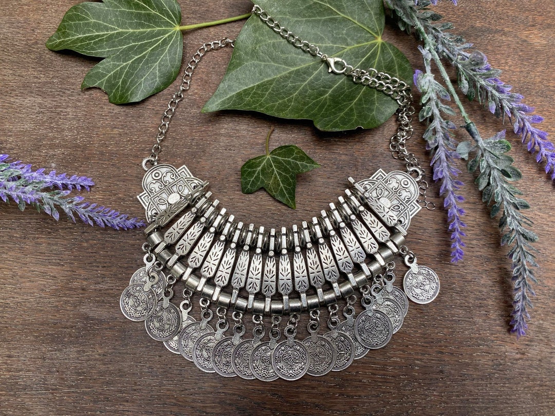 Temple Coin Bohemian Tassel Silver Coin Bib Choker Statement Chainmail ...