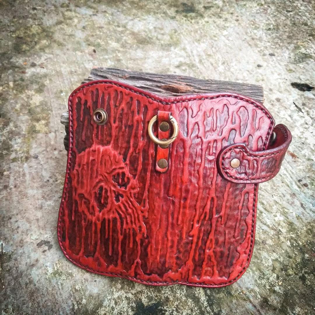 Monster Spooky Leather Wallet, Carved Skull Medium Motorcycle Biker ...