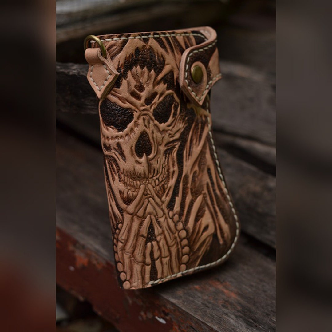 Hand Tooled Leather Skull Wallet: Biker Trucker Long Wallet - Etsy