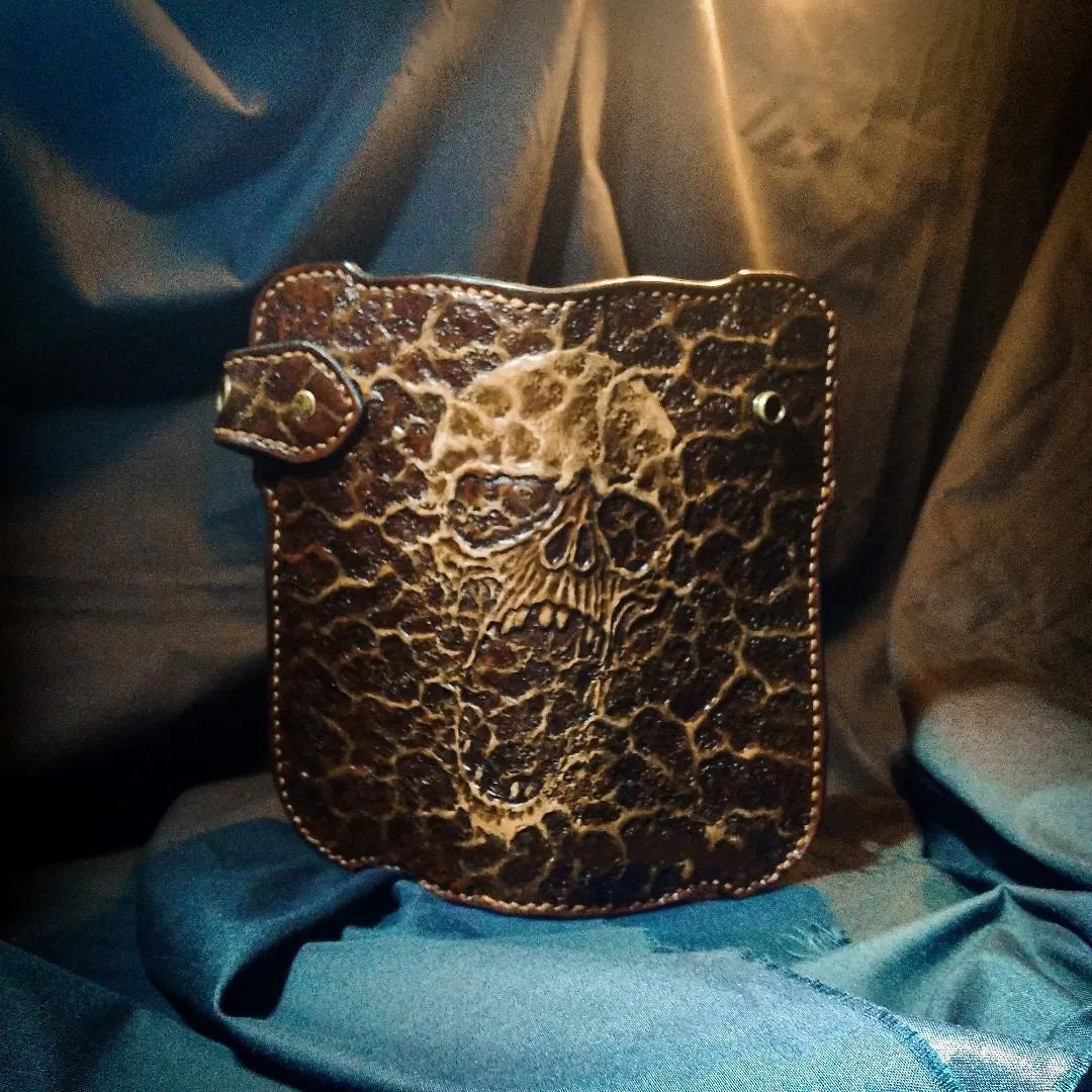 Monster Spooky Leather Wallet Carved Skull Long Motorcycle Biker ...