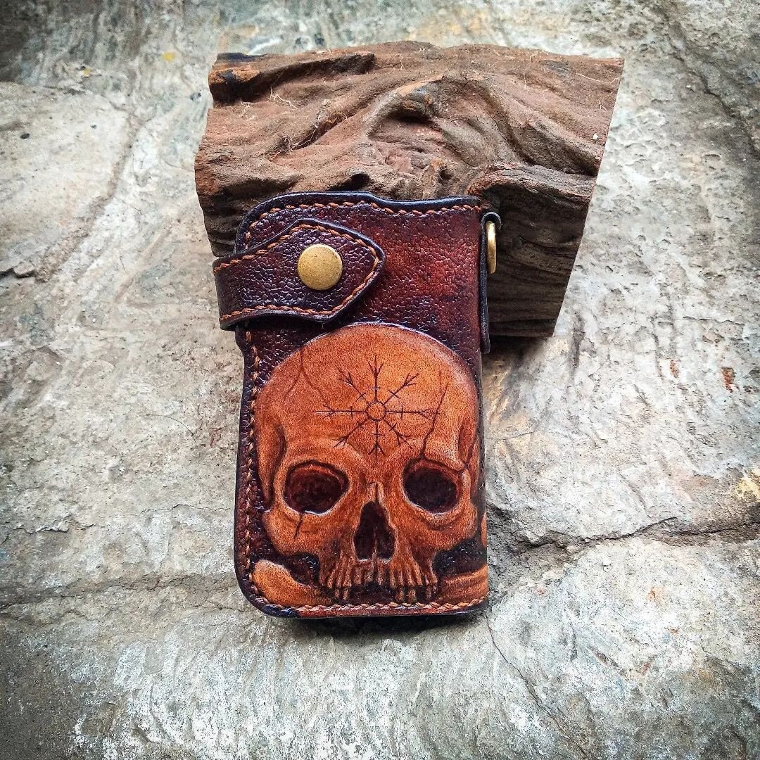 Monster Spooky Leather Wallet Carved Skull Medium Motorcycle Biker ...