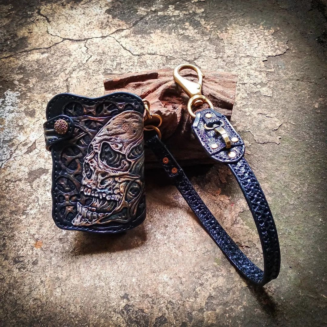 Monster Spooky Leather Wallet Carved Skull Medium Motorcycle - Etsy
