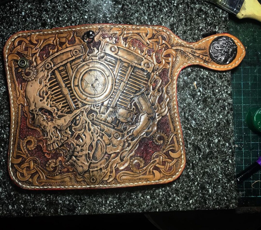 Carved Skull Leather Wallet, Monster Spooky Long Wallet, Skeleton ...