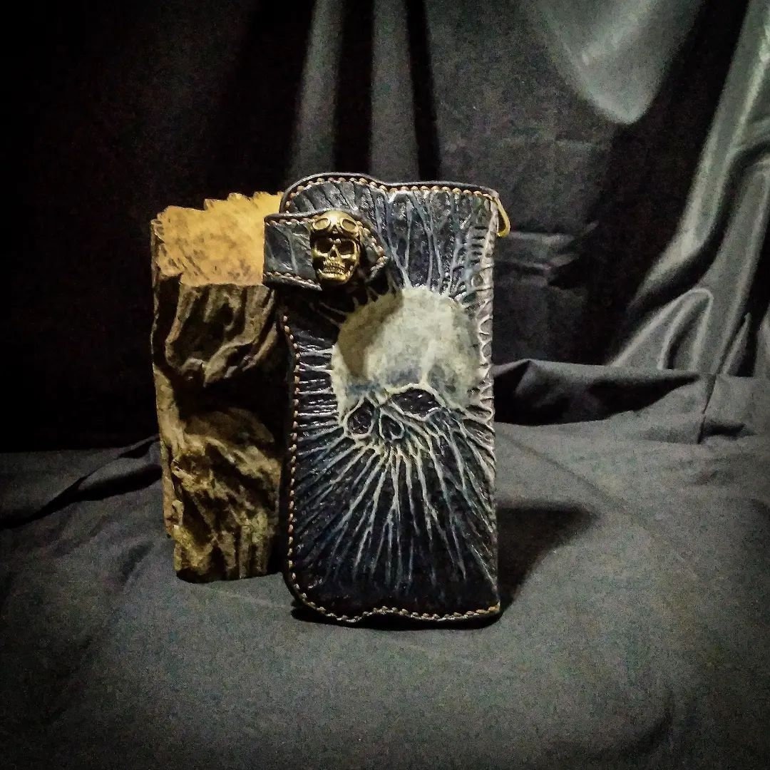 Handcrafted Leather Carved Skull Biker Wallet, Unique Motorcycle Rider ...