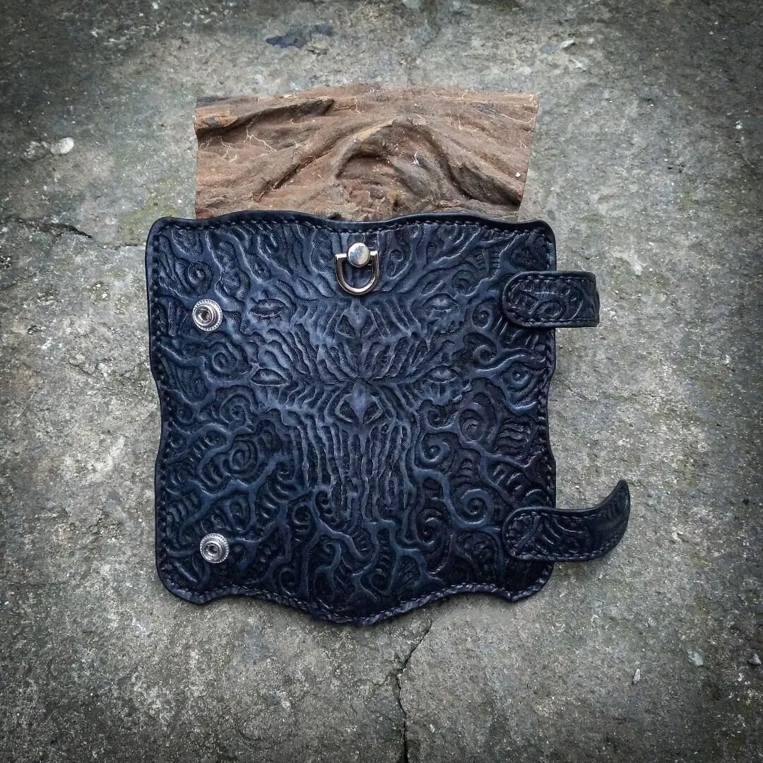 Black Scary Leather Biker Long Wallet for Men, Carved Skull Motor ...