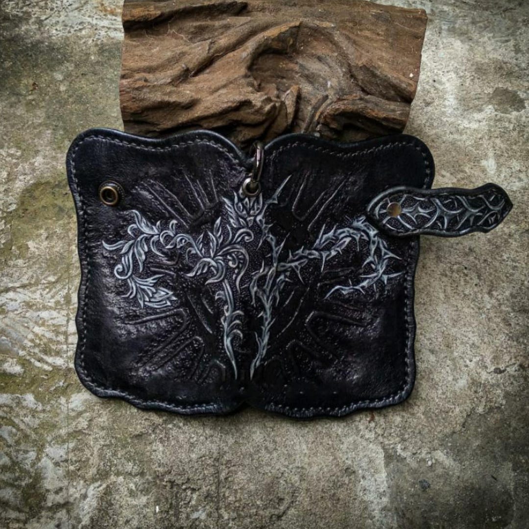 Black Flowers Monster Spooky Leather Wallet Carved Thorny Medium ...