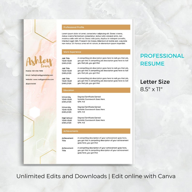 Editable Rose Gold Honeycomb Resume Template, Professional Modern ...