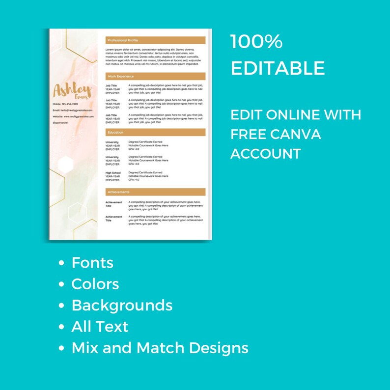 Editable Rose Gold Honeycomb Resume Template, Professional Modern ...