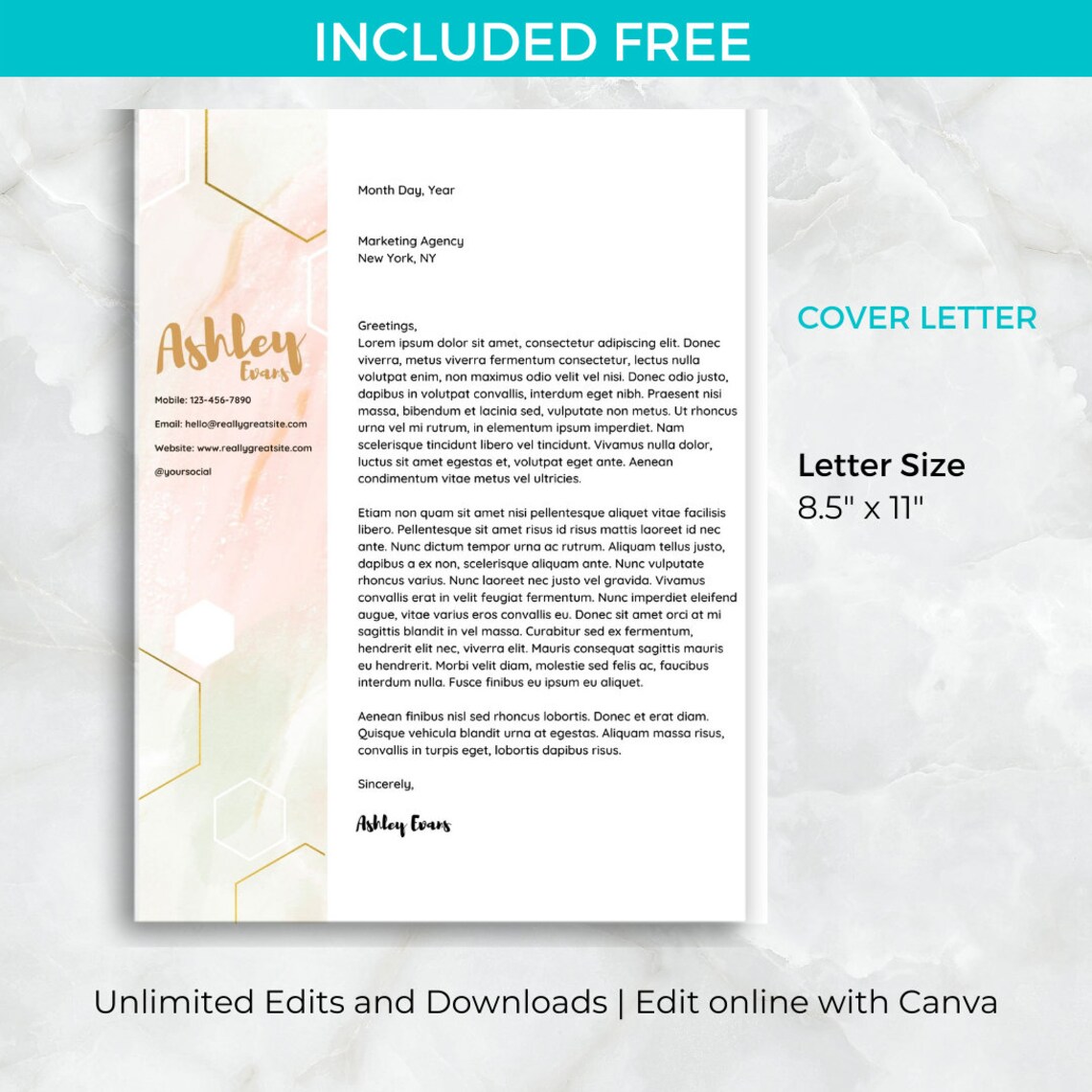 Editable Rose Gold Honeycomb Resume Template, Professional Modern ...