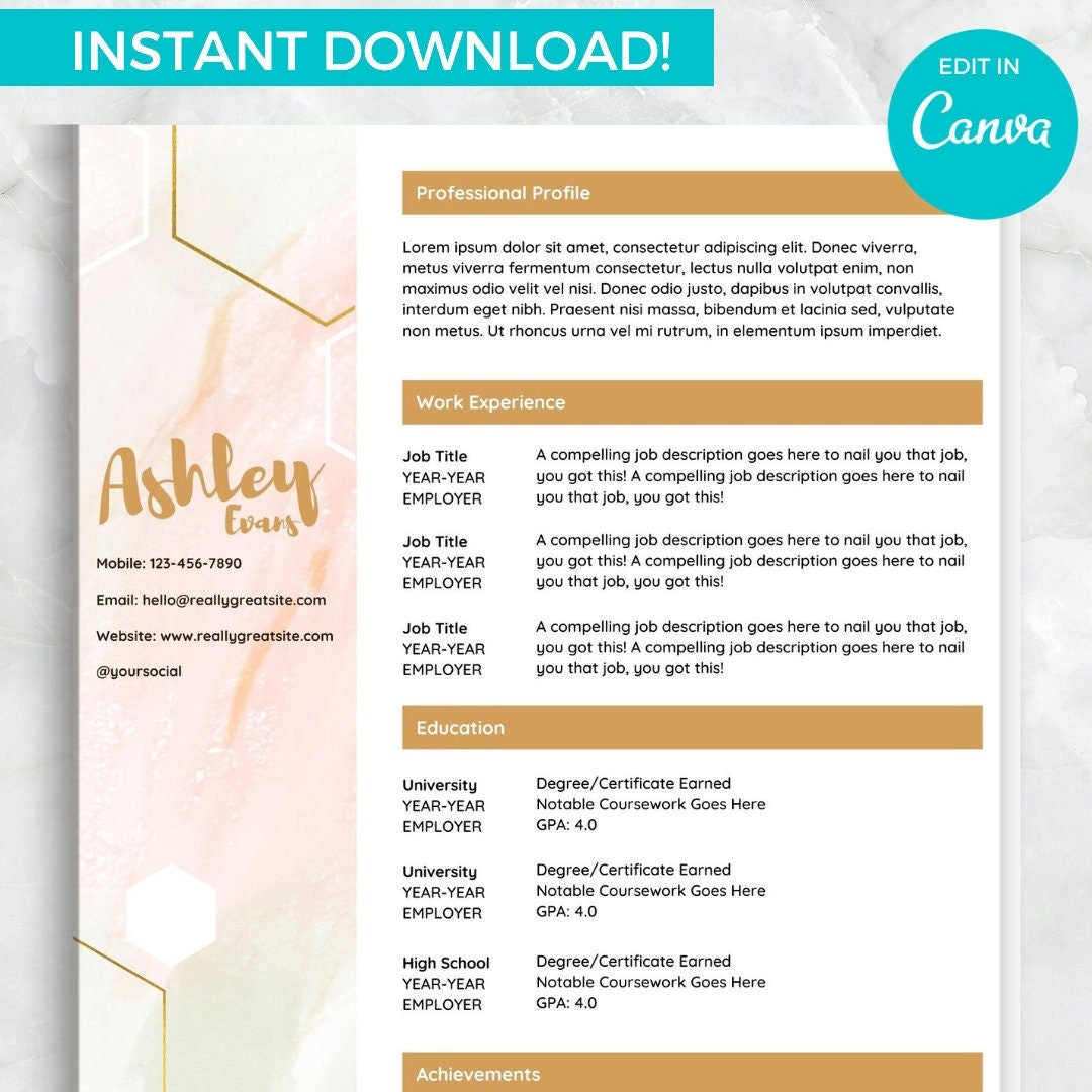 Editable Rose Gold Honeycomb Resume Template, Professional Modern ...