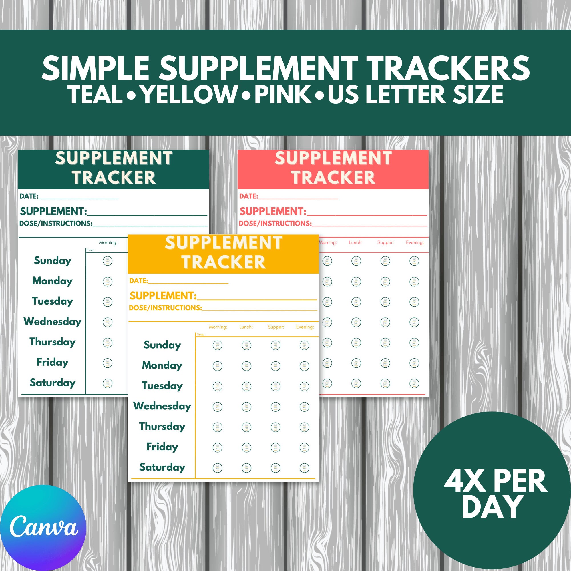 PLR Printable Simple Supplement Trackers Supplement Pill Dose Log Daily ...