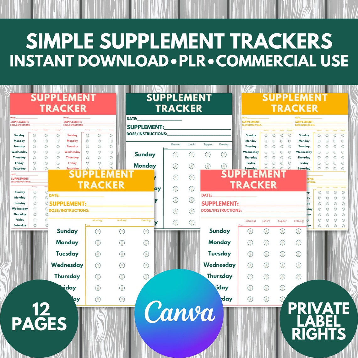 PLR Printable Simple Supplement Trackers Supplement Pill Dose Log Daily ...