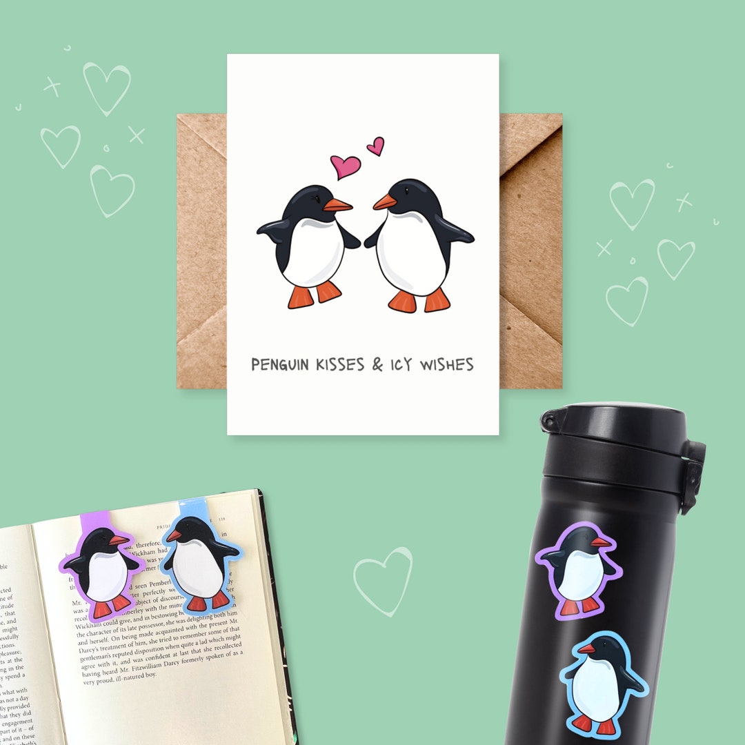 Cute Penguin Couple Valentine’s Day Card, 2 Magnetic Bookmarks and 2 ...