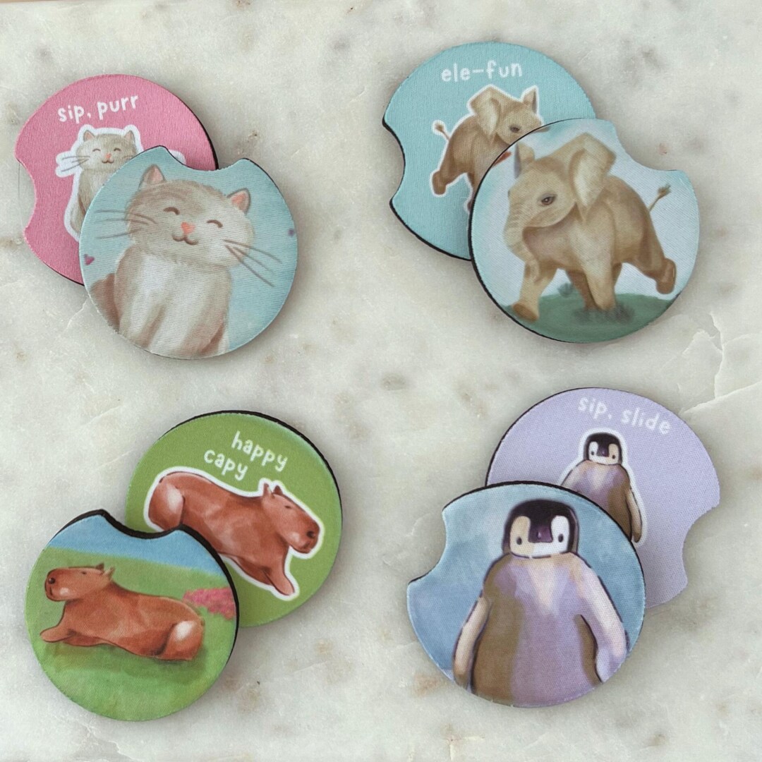 Set of Car Coasters, Cute Animal Designs: Capybaras, Cats, Elephants or ...
