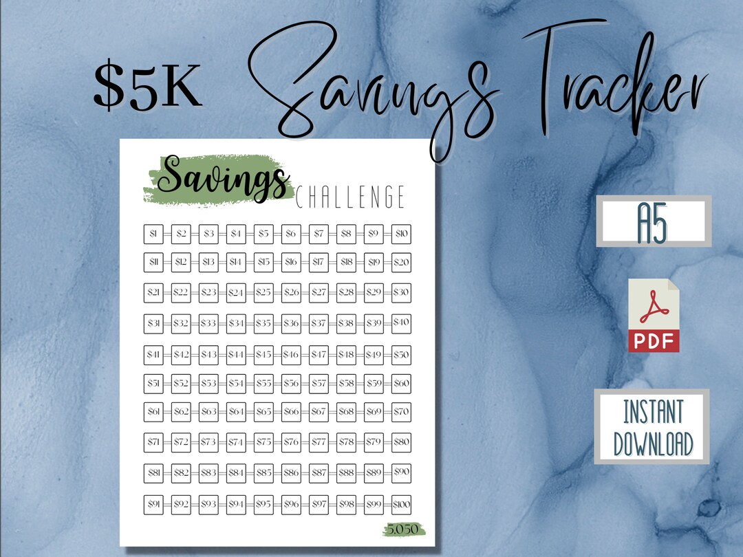 Savings Challenge 5K Printable A5 PDF Habit Tracker Planner for Goals ...