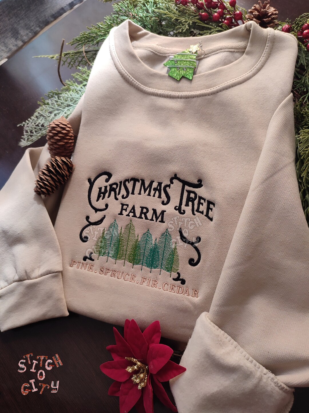 Embroidered XMAS Tree Farm Inspired, Embroidered Christmas Sweatshirt ...