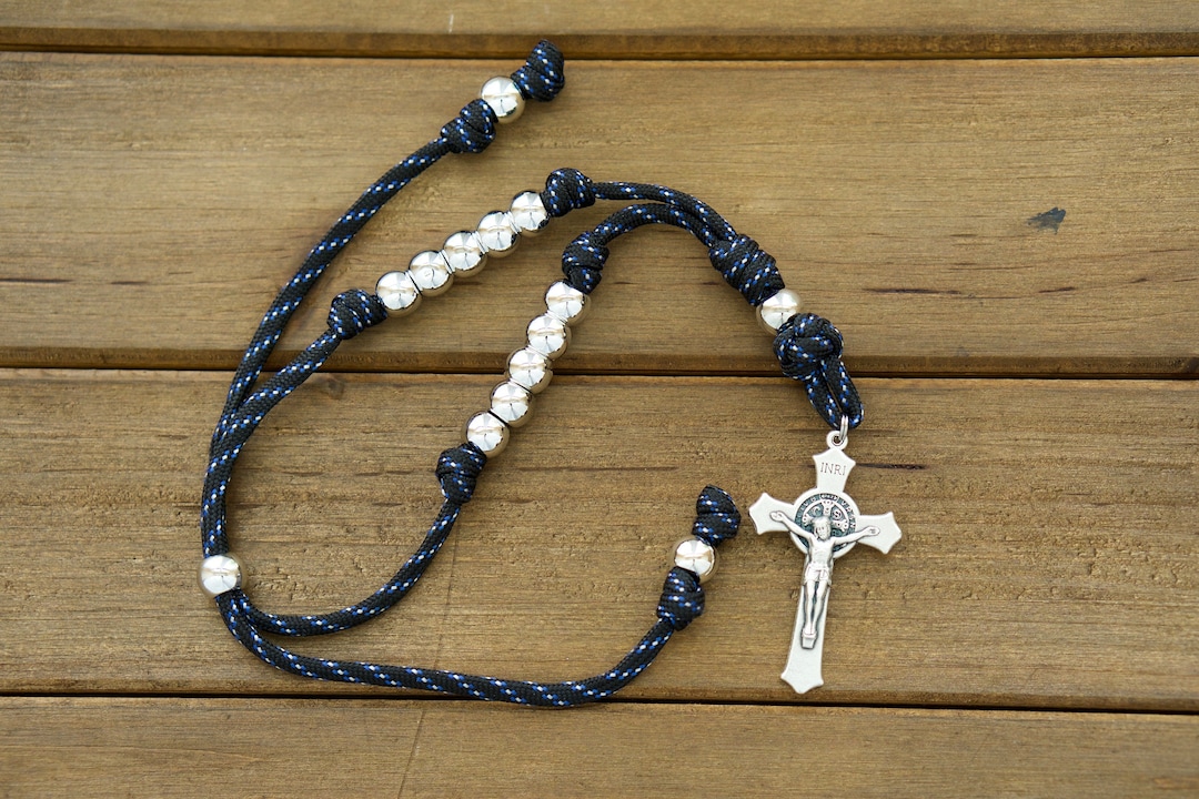 Rearview Mirror Paracord Rosary: Black, Blue & Silver | Catholic Gift ...