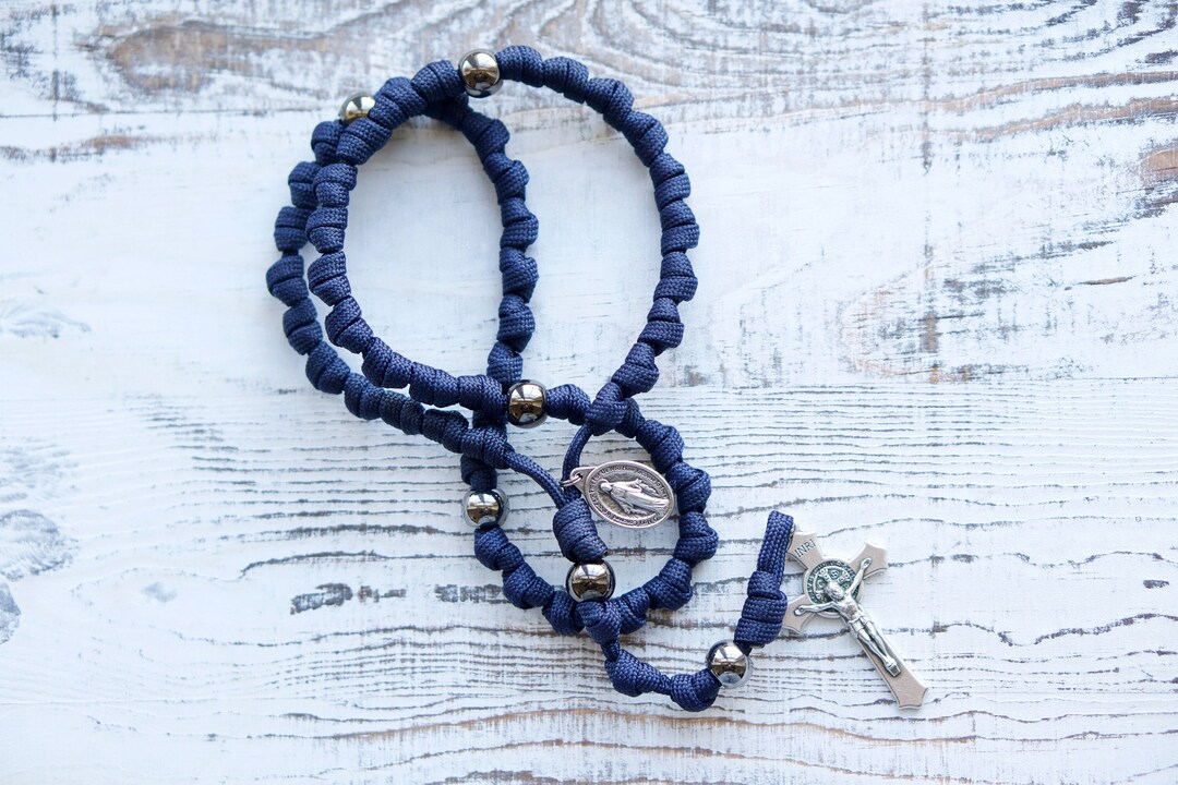 Navy Blue and Gunmetal Knotted Rope Rosary - Paracord 550, St. Benedict ...