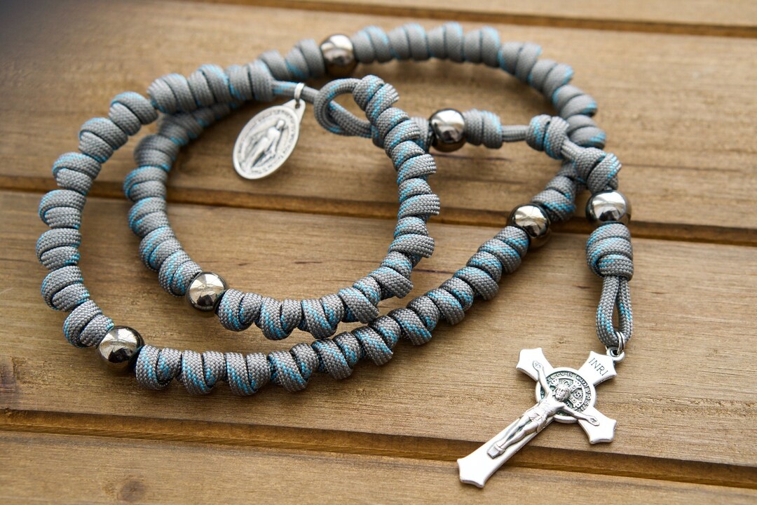 Heaven's Embrace - Grey, Teal Blue, Gunmetal Rope Rosary (paracord 550 ...