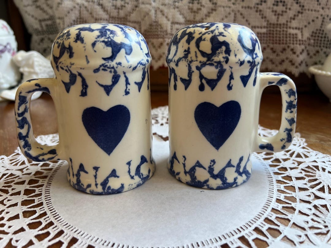 Salt and Pepper Shakers With Blue Sponge/heart Design - Etsy