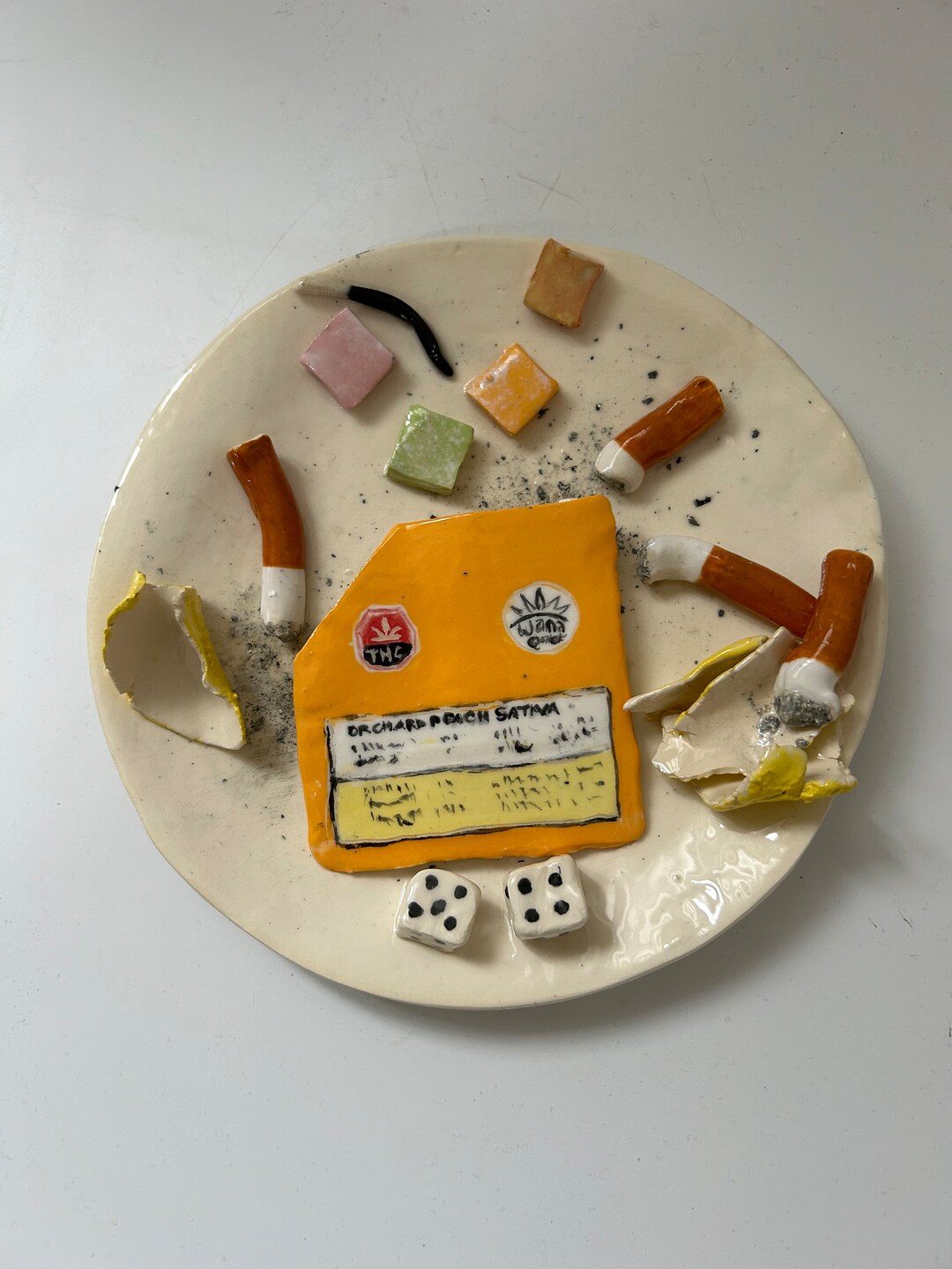 Party Plate Ceramic Art Piece Gummie Plate With Cigarettes and Dice ...