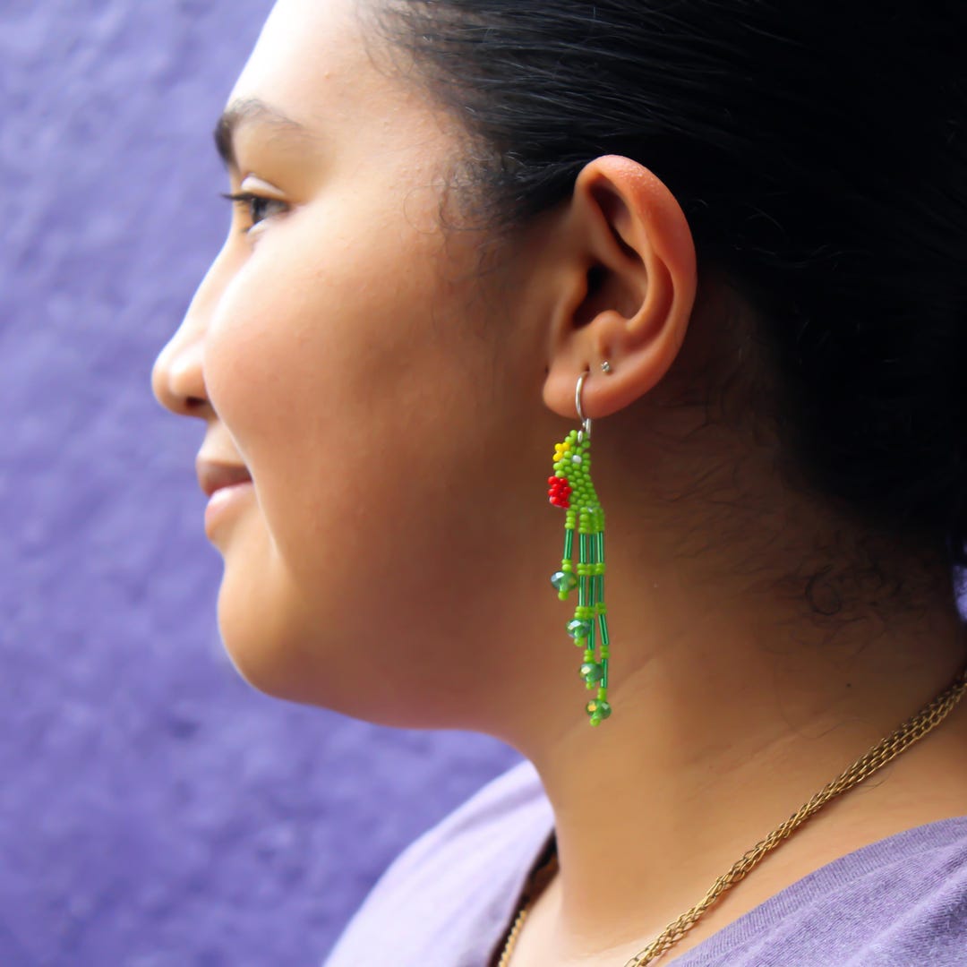 Quetzal Bird Earrings, Green Beaded 925 Silver Hooks, Guatemalan ...