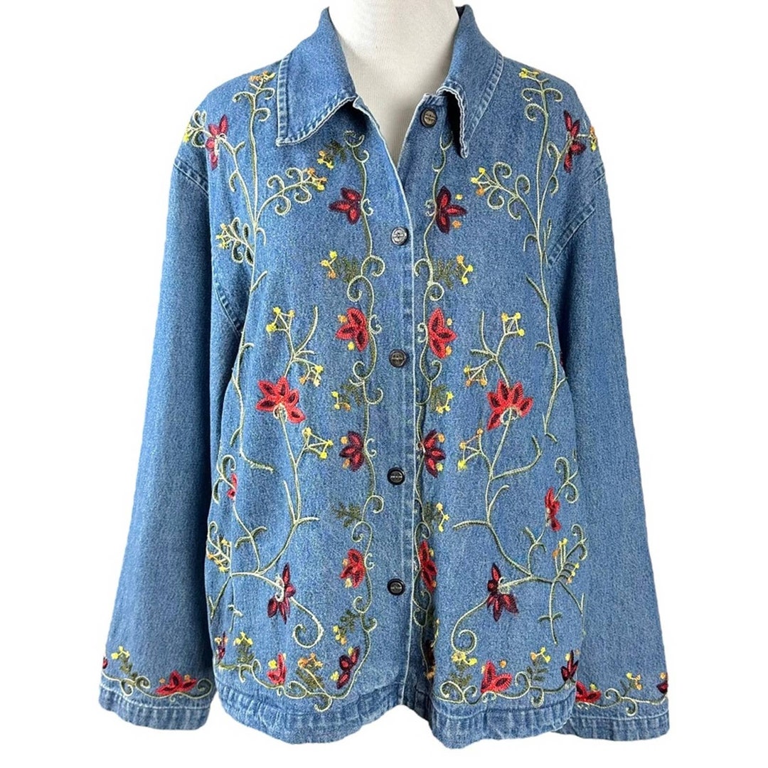 Tantrums Vintage Embroidered Floral Denim Shirt Jacket Shacket Cottage ...