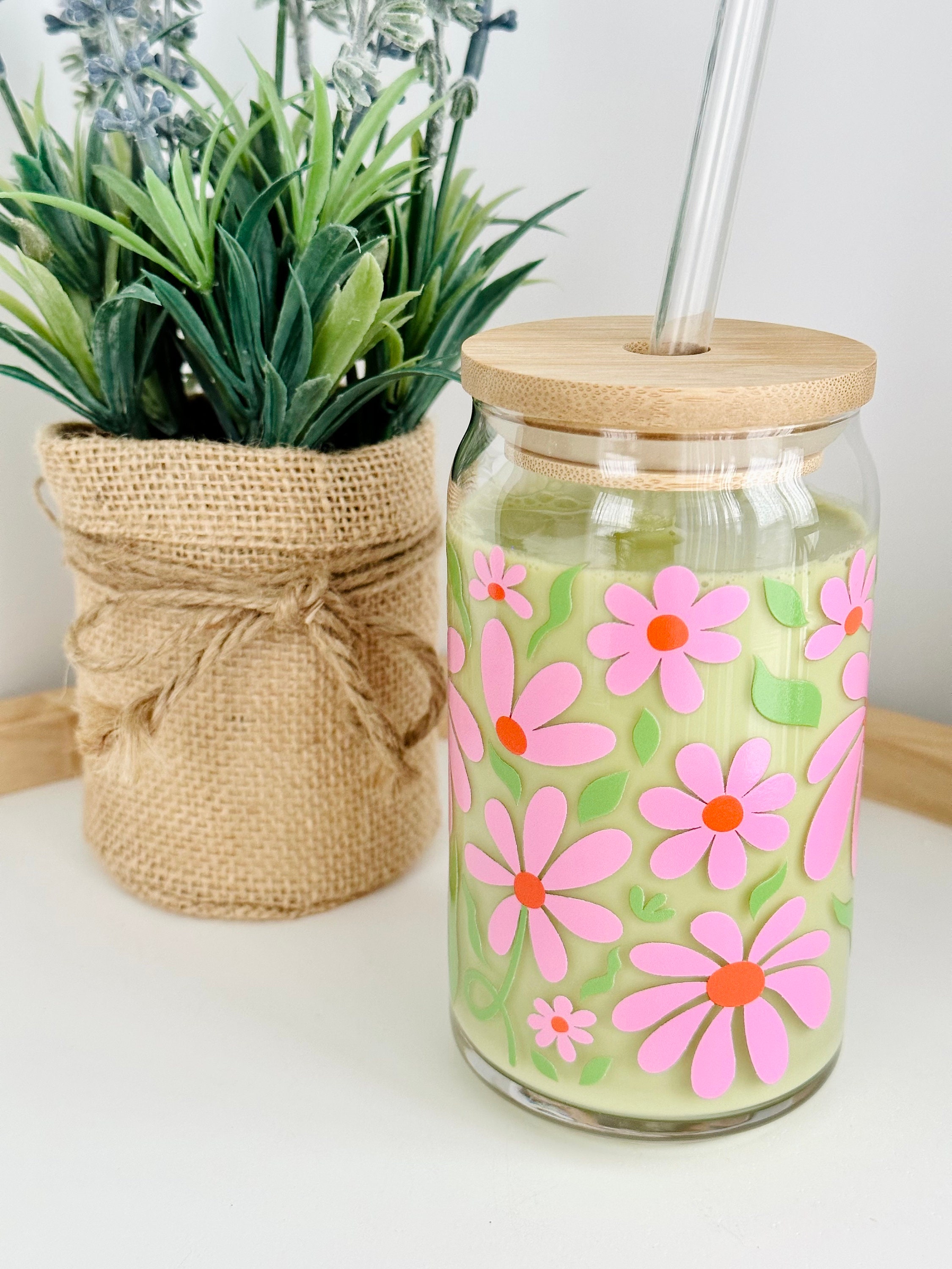 Spring Blooms Beer Can Glass| Pink Florals Glass Cup| Garden Flowers ...