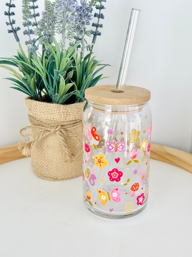 Spring Blooms Beer Can Glass| Butterfly & Mushroom Glass Cup| Garden ...