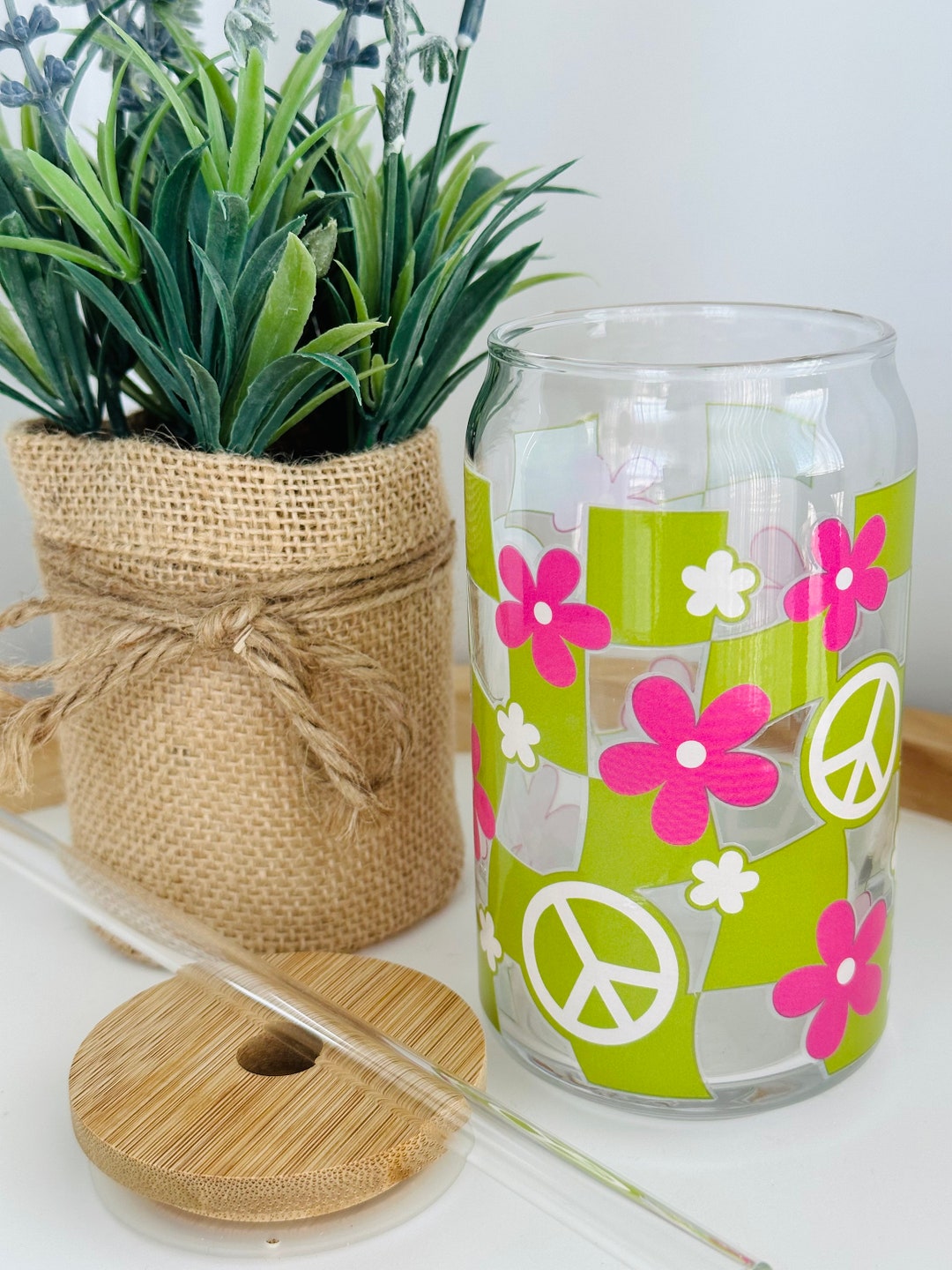 Retro Checkers Glass Cup Daisy Glass Can Groovy Vibes Iced Coffee Cup ...