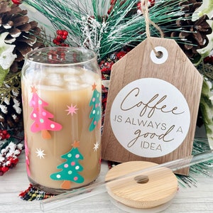 Groovy Christmas Trees Glass Cup| Iced Coffee Cup| Winter Glass Can ...
