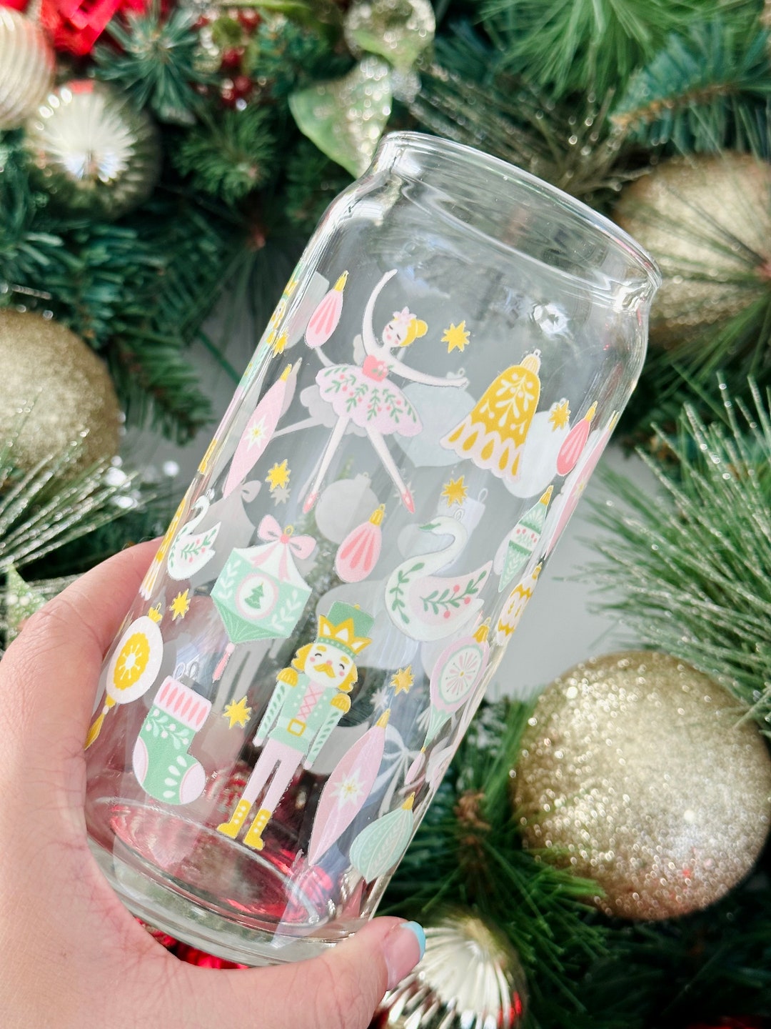 Christmas Nutcracker Glass Cup| Pastel Holiday Iced Coffee Cup| Festive ...