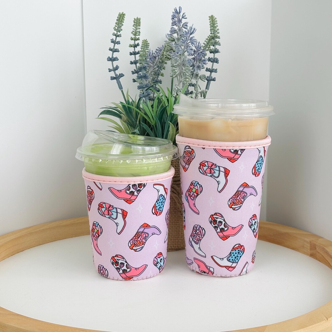 Pink Cowgirl Boots Drink Koozie Neoprene Iced Coffee Sleeves Coffee ...