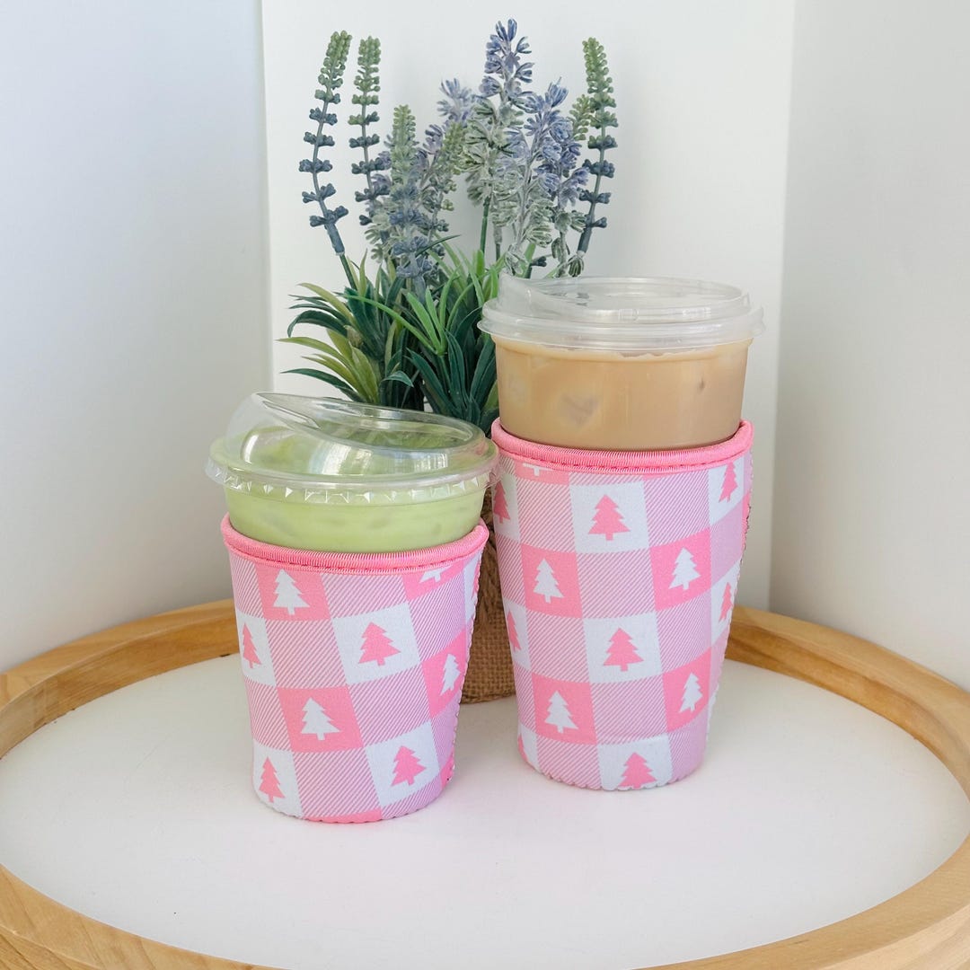 Pink Gingham Christmas Trees Koozies Neoprene Iced Coffee Sleeves ...