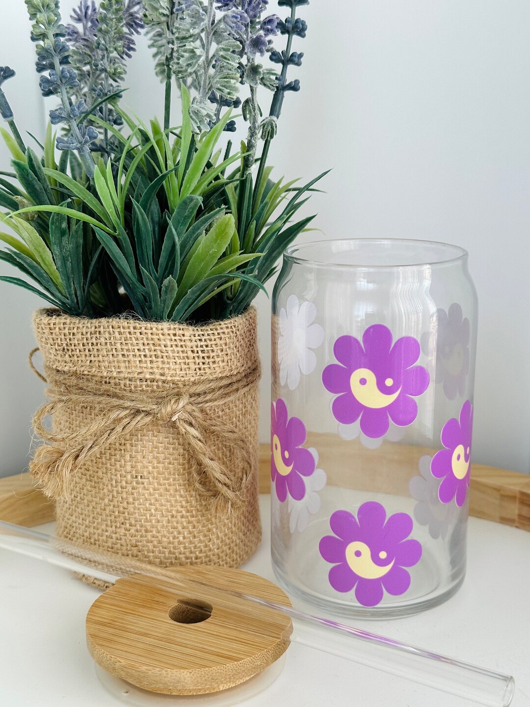 Yin Yang Flowers Glass Cup Retro Iced Coffee Glass Iced Coffee Cup