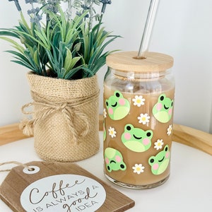 Cute Frogs Beer Can Glass| Froggy & Flowers Iced Coffee Glass| Cute ...
