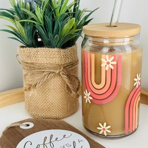 Boho Rainbow Glass Cup Daisy Glass Can Iced Coffee Cup Cute Glass Cup ...