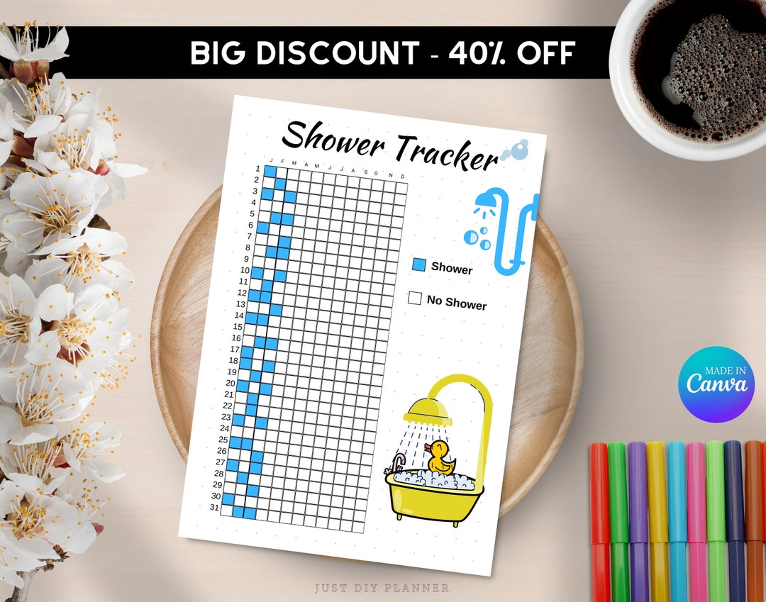 Shower Tracker, A5 Journal Page, PRINTABLE Shower Tracker, Daily ...