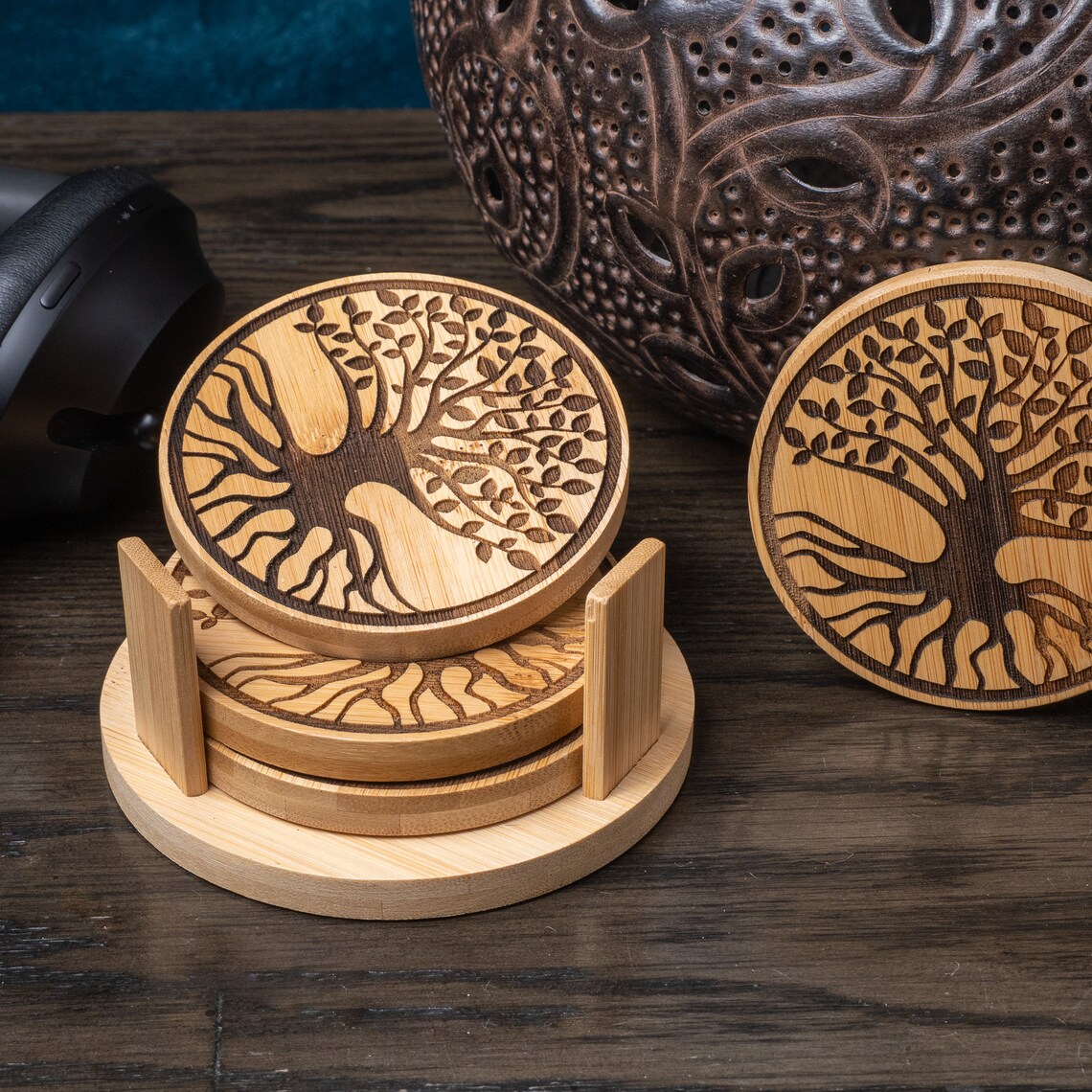 Bamboo Coasters With Tree of Life Engraving - Etsy