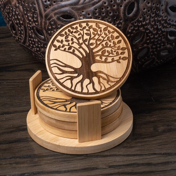 Bamboo Coasters With Tree of Life Engraving | Etsy